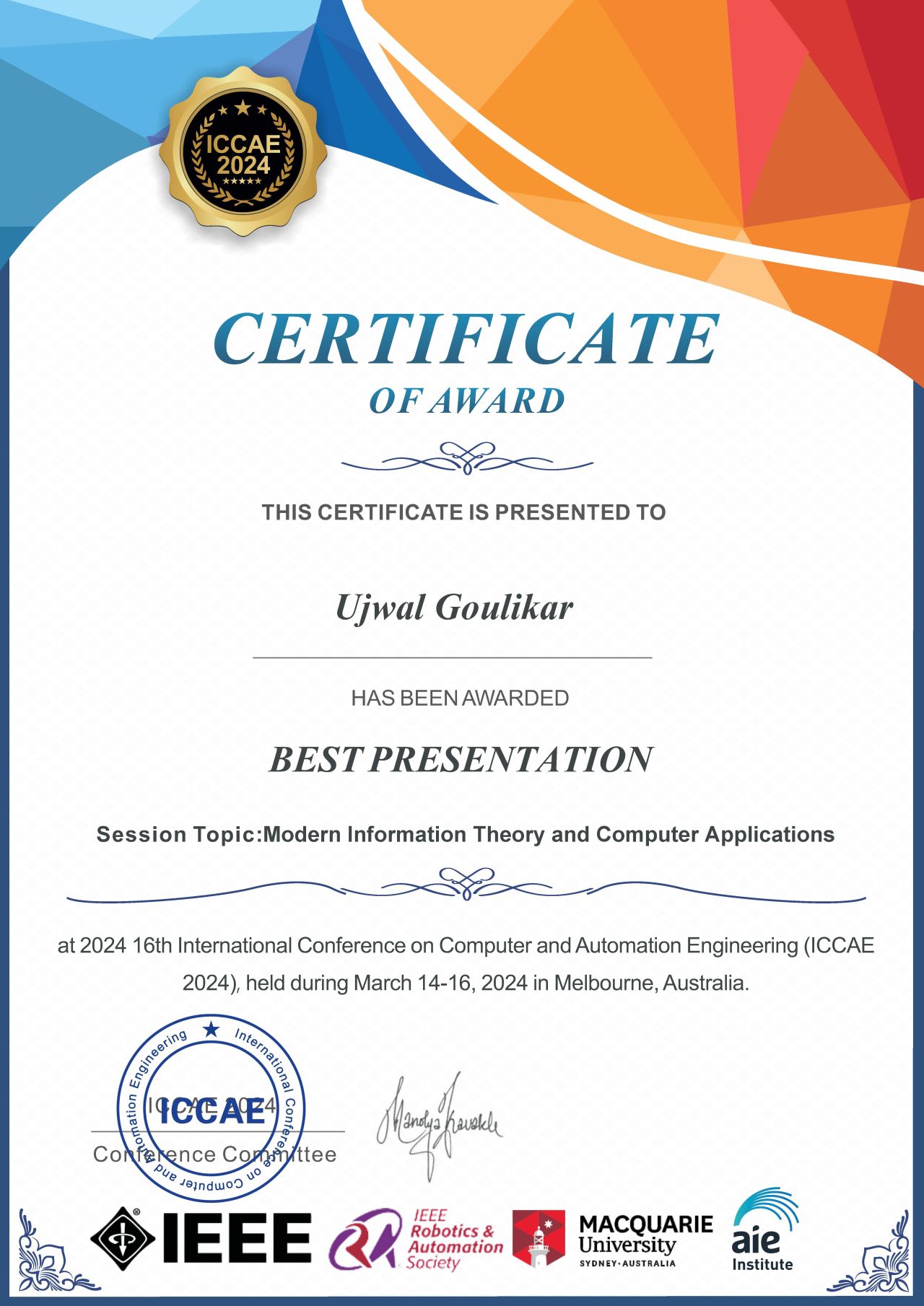 Mechatronics Graduate Student Ujwal Goulikar Receives Best Presentation Award at ICCAE ...